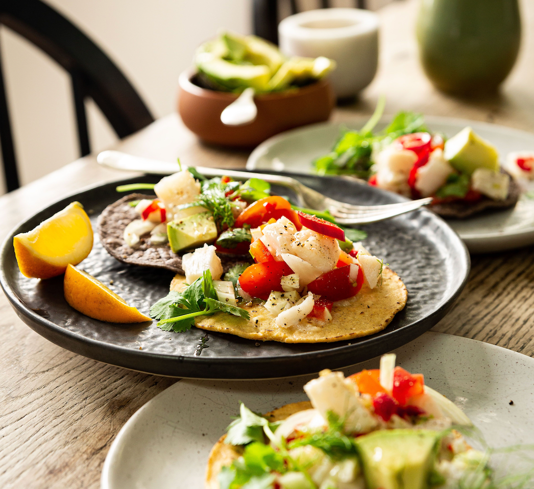 Chatham Blue, Pineapple, and Cherry Tomato Ceviche on Crunchy Tostadas ...